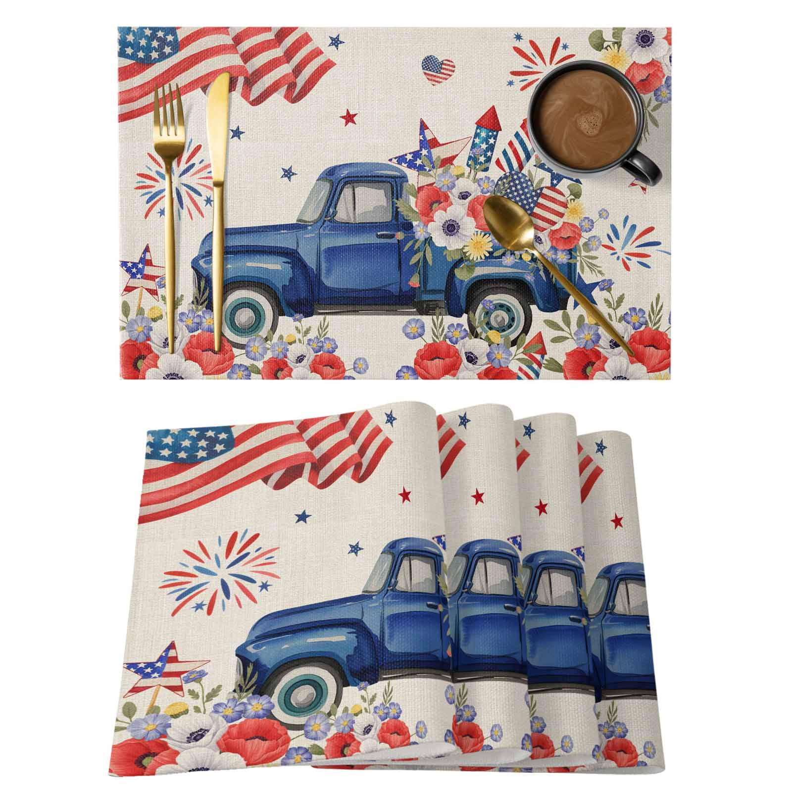 4th of July Placemats Set of 6 Blue Truck American Flag Firework ...