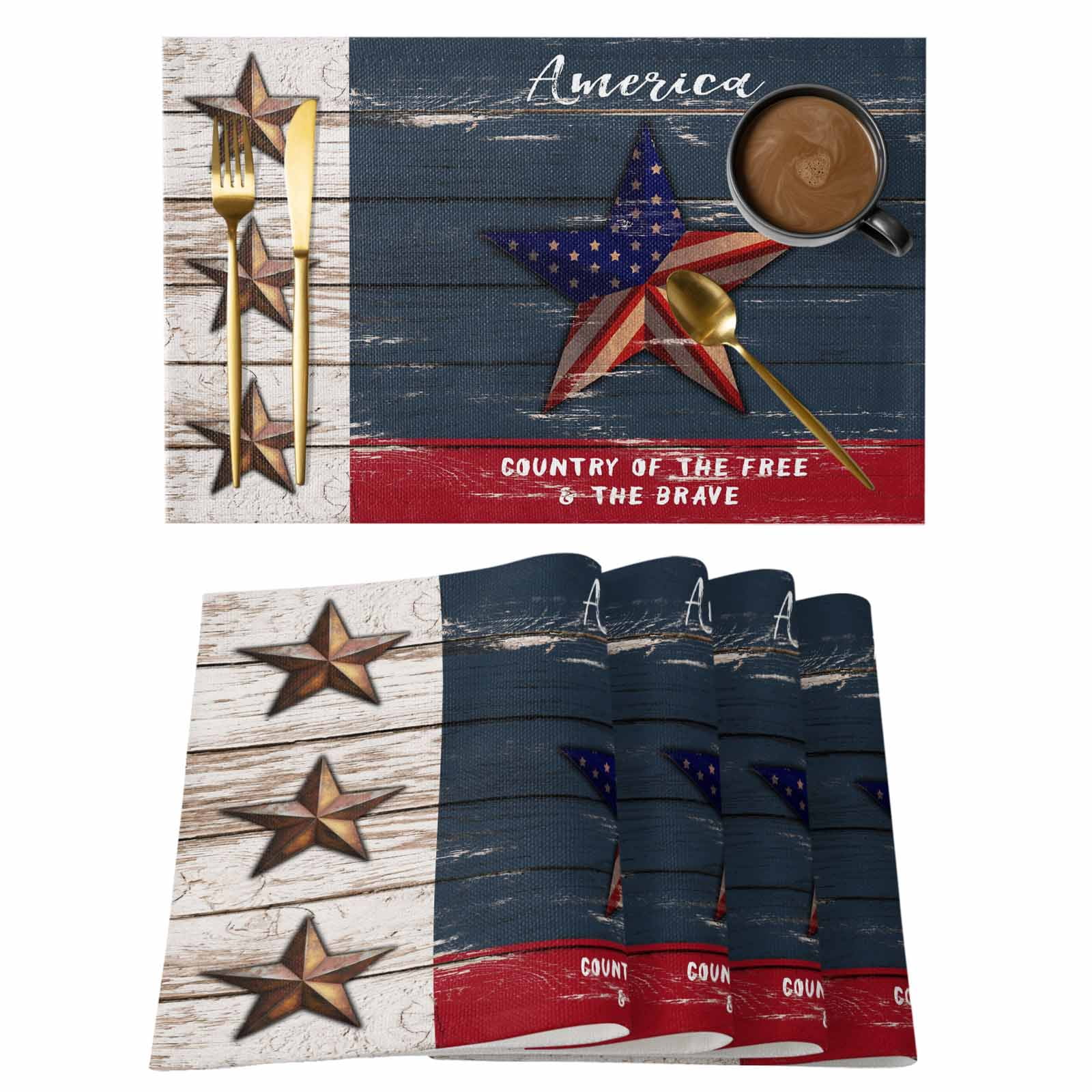 4th of July Placemats Set of 6 Country Texas Star Flag Red Blue Wooden ...