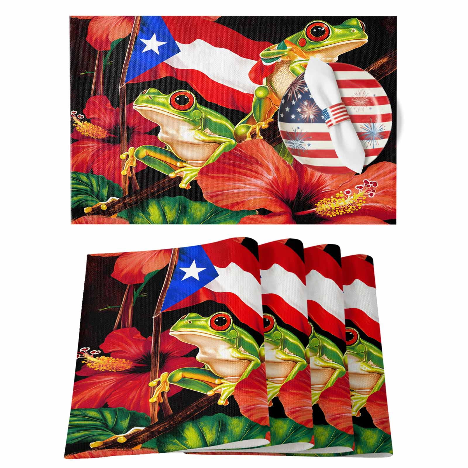 4th of July Placemats Set of 6 Frog Puerto Rico Flag Place Mats ...