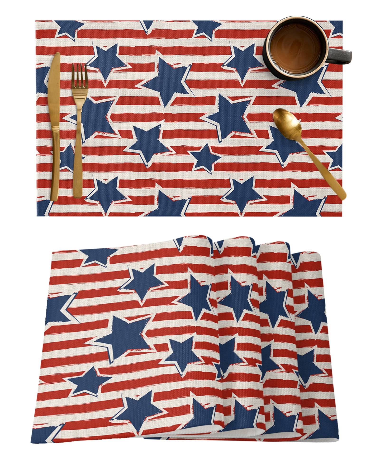 4th of July Placemats Set of 6, Independence Day Blue Star Red Striped ...