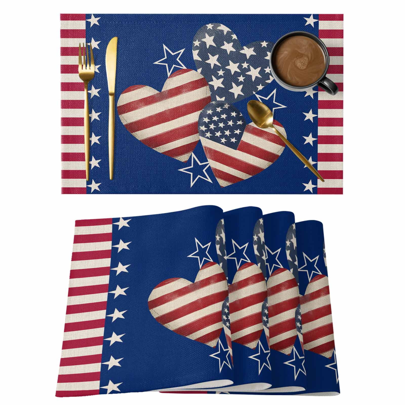 4th of July Placemats Set of 6 Independence Day Red Blue Love Heart ...