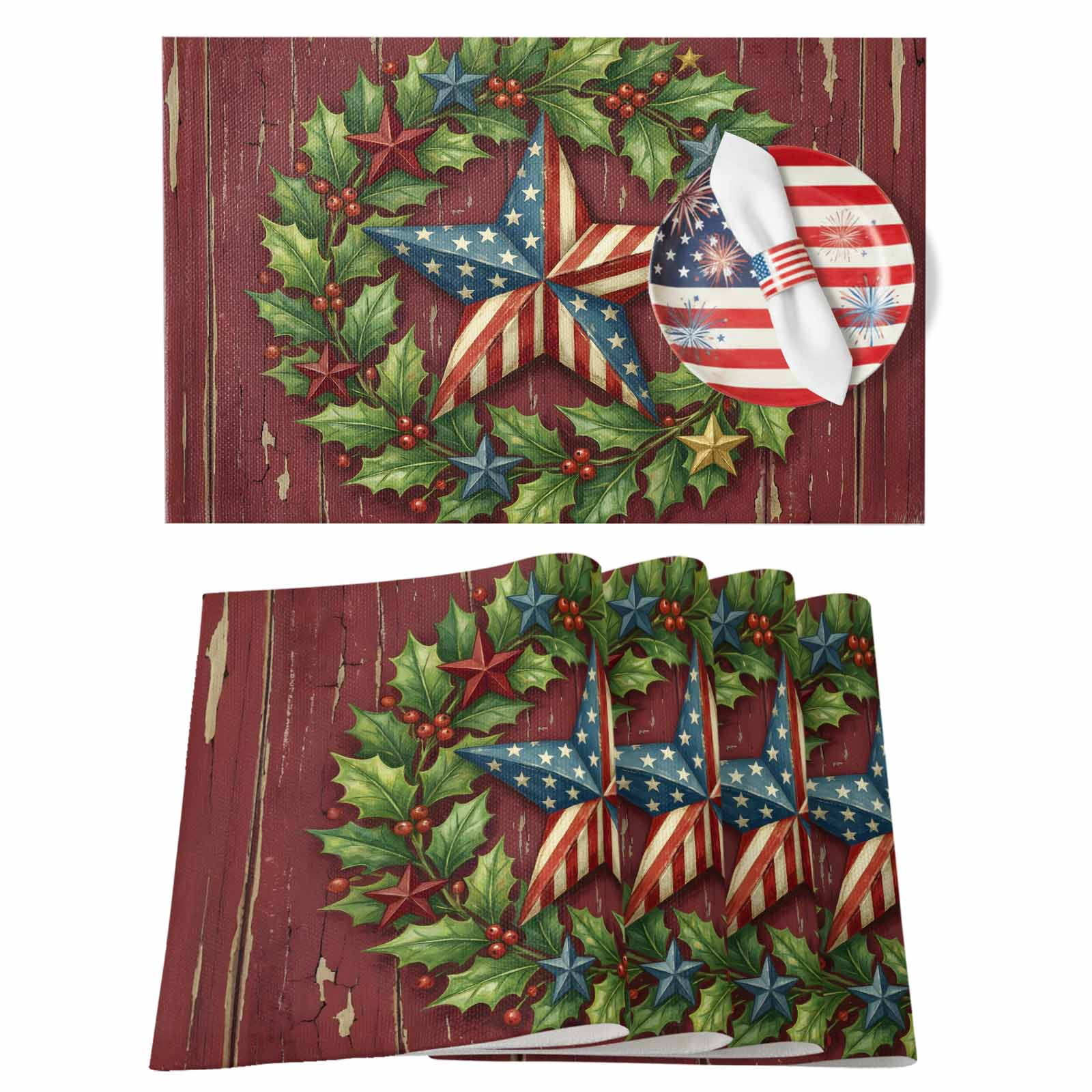 4th of July Placemats Set of 6 Patriotic Star Wreath Place Mats ...