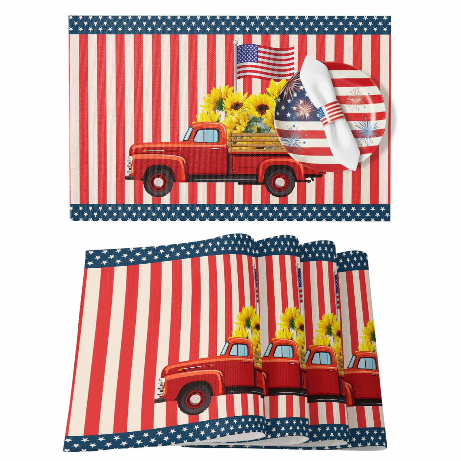 4th of July Placemats Set of 6 Patriotic Sunflower Truck Place Mats ...