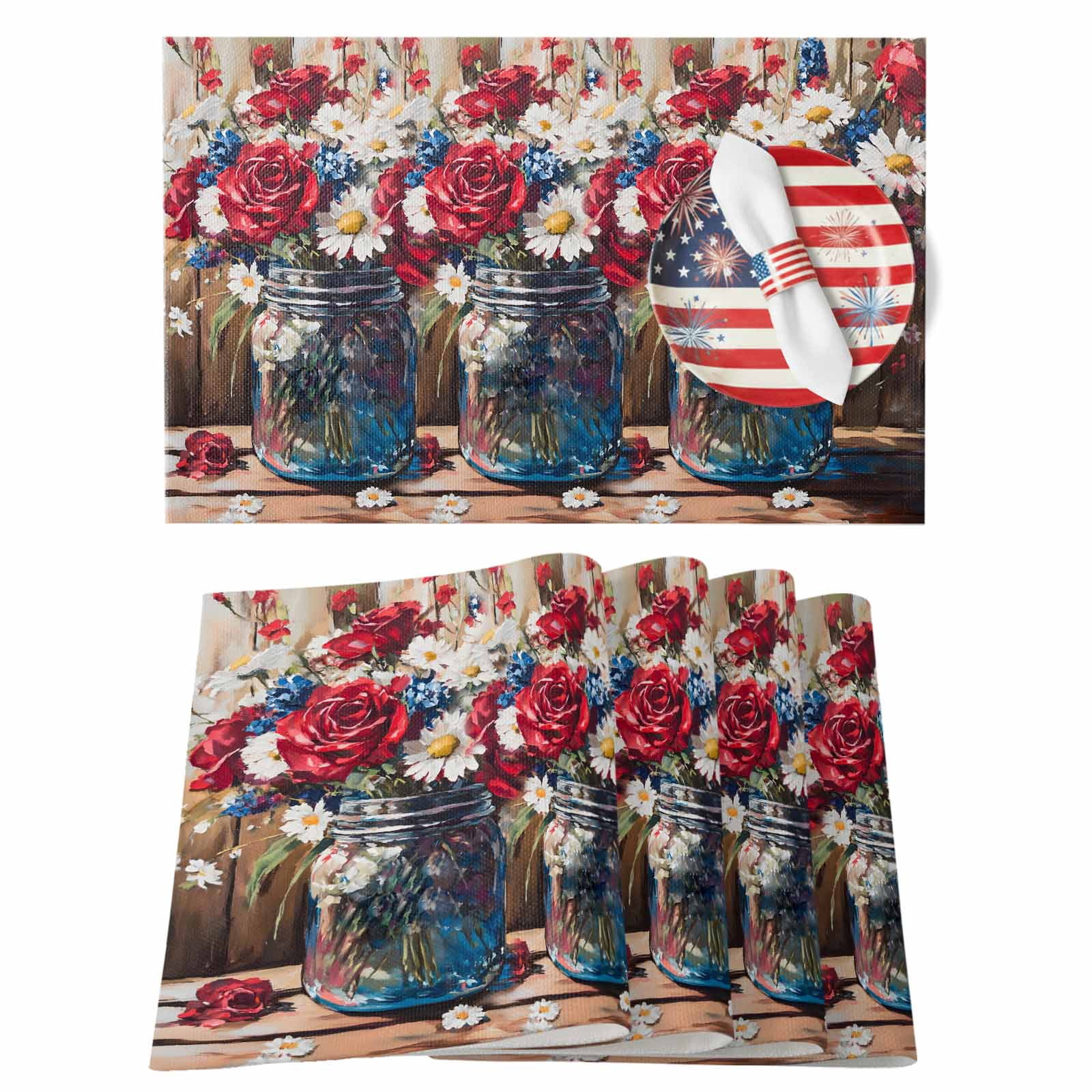 4th of July Placemats Set of 6 Red Blue Rose Place Mats Independence ...
