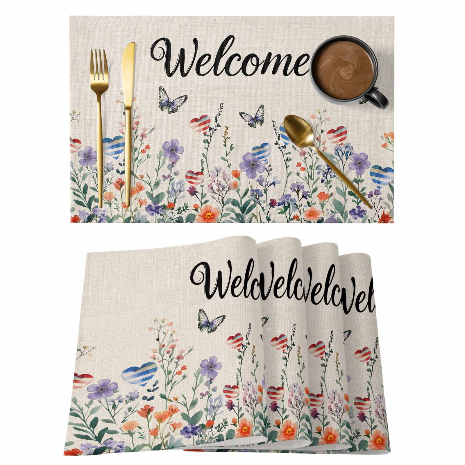 4th of July Placemats Set of 8 Spring Floral Love Heart Independence ...