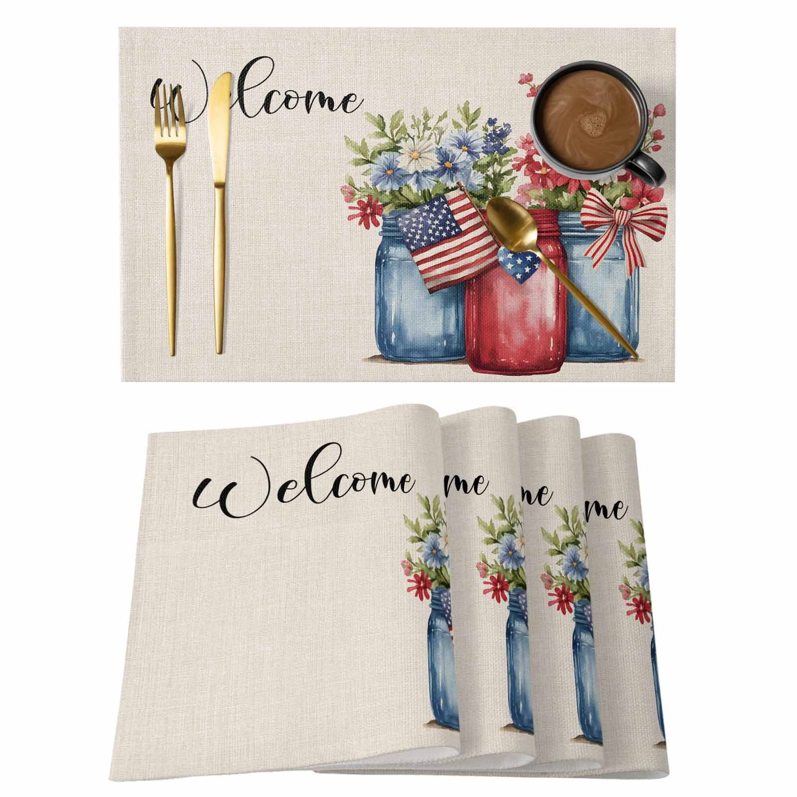 4th of July Placemats Set of 8 Spring Floral Red US Flag Rustic ...