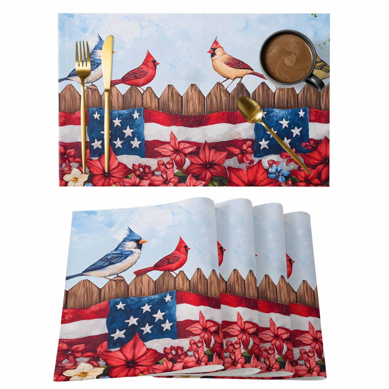 4th of July Placemats Set of 8 Star Stripe Vintage Red Blue Patriotic ...