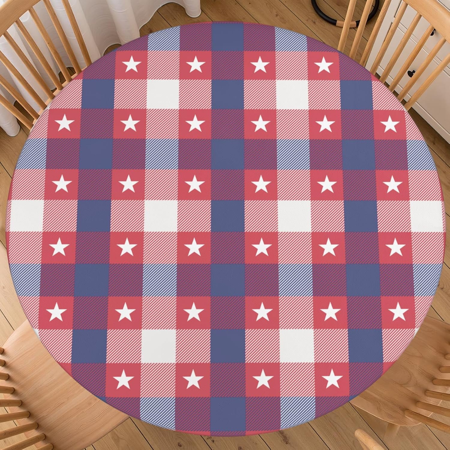 4th of July Plaid Round Fitted Tablecloth with Elastic Patriotic Star ...