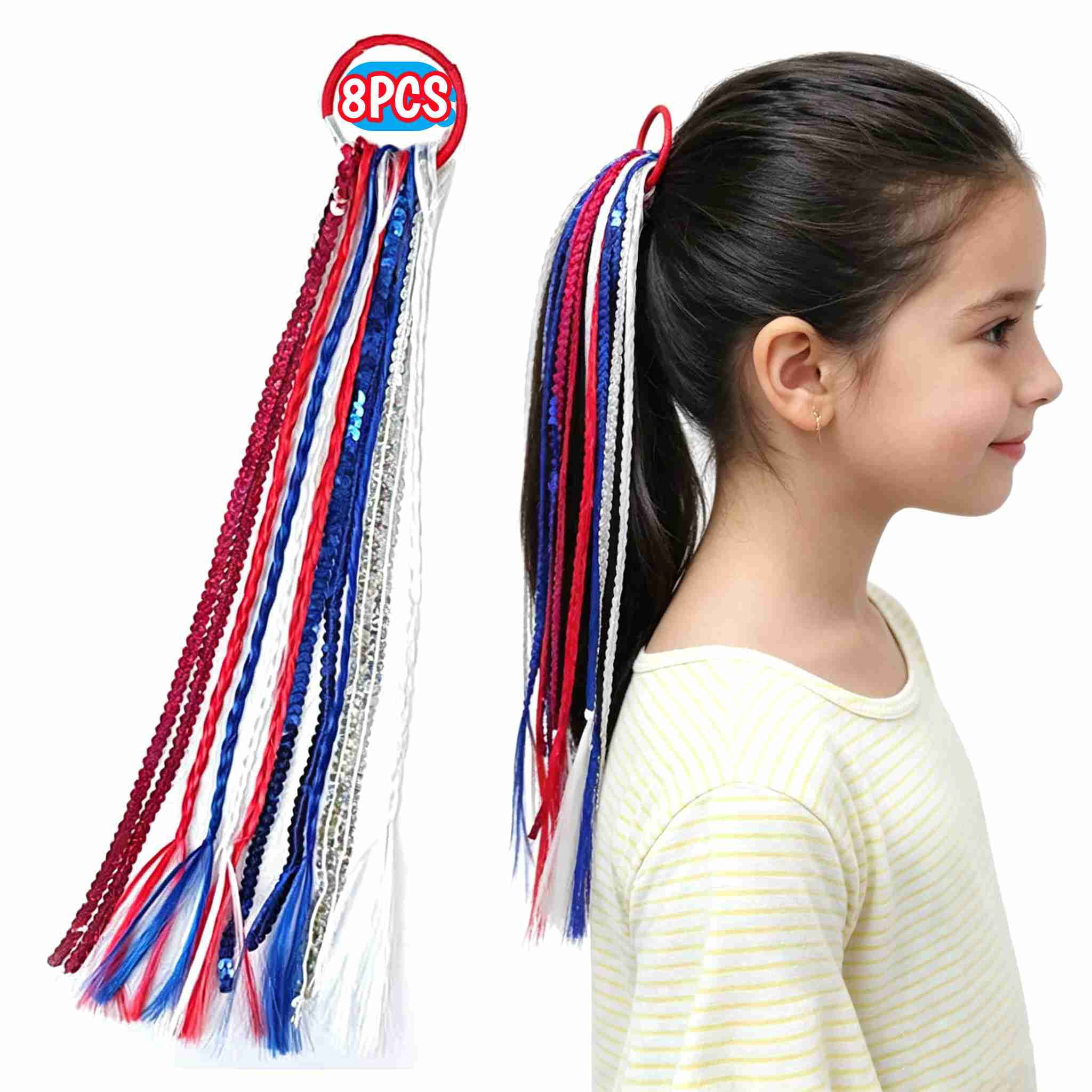 4th of July Ponytail Hair Extension, 8Pcs 12" Patriotic Elastic Hair ...
