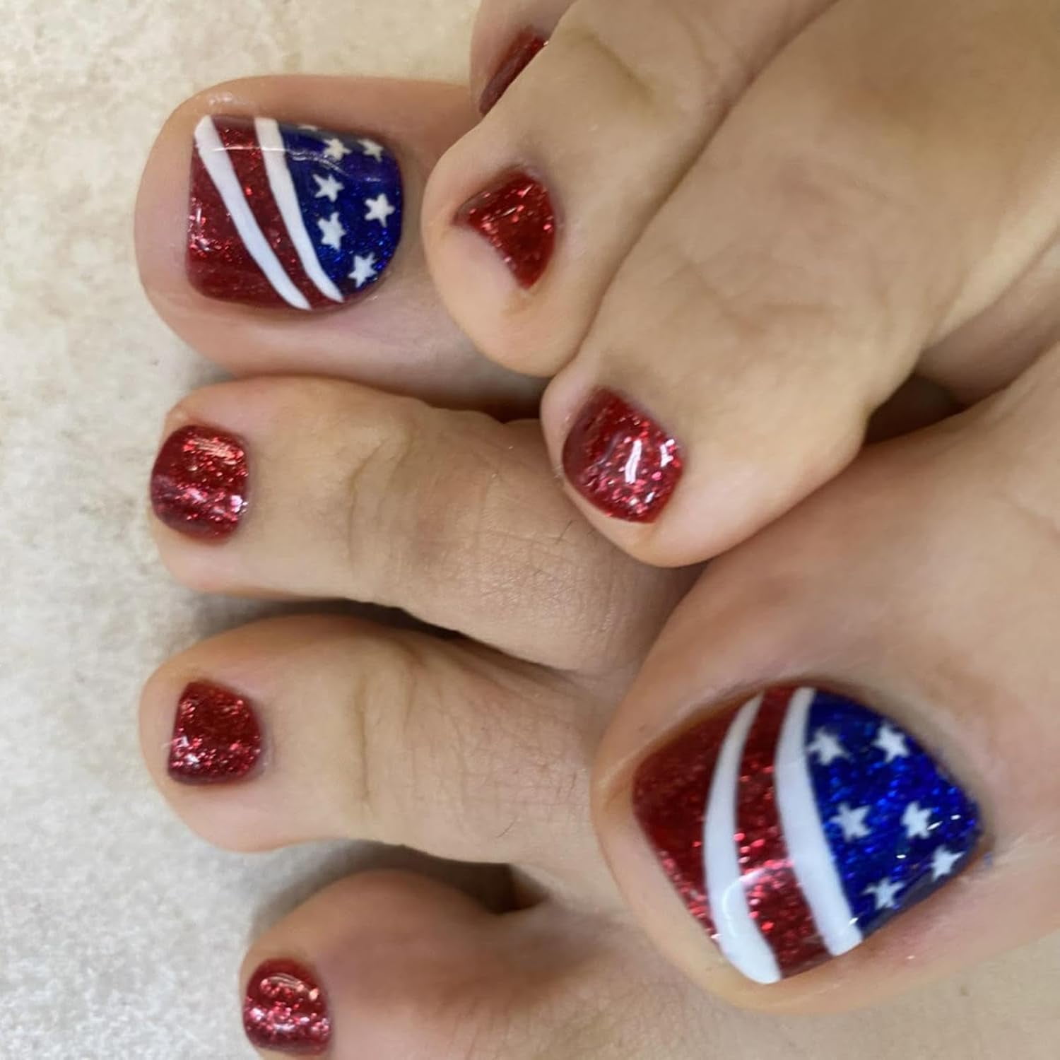 4th of July Press on Toenails Short Square False Toenails with Red Blue ...