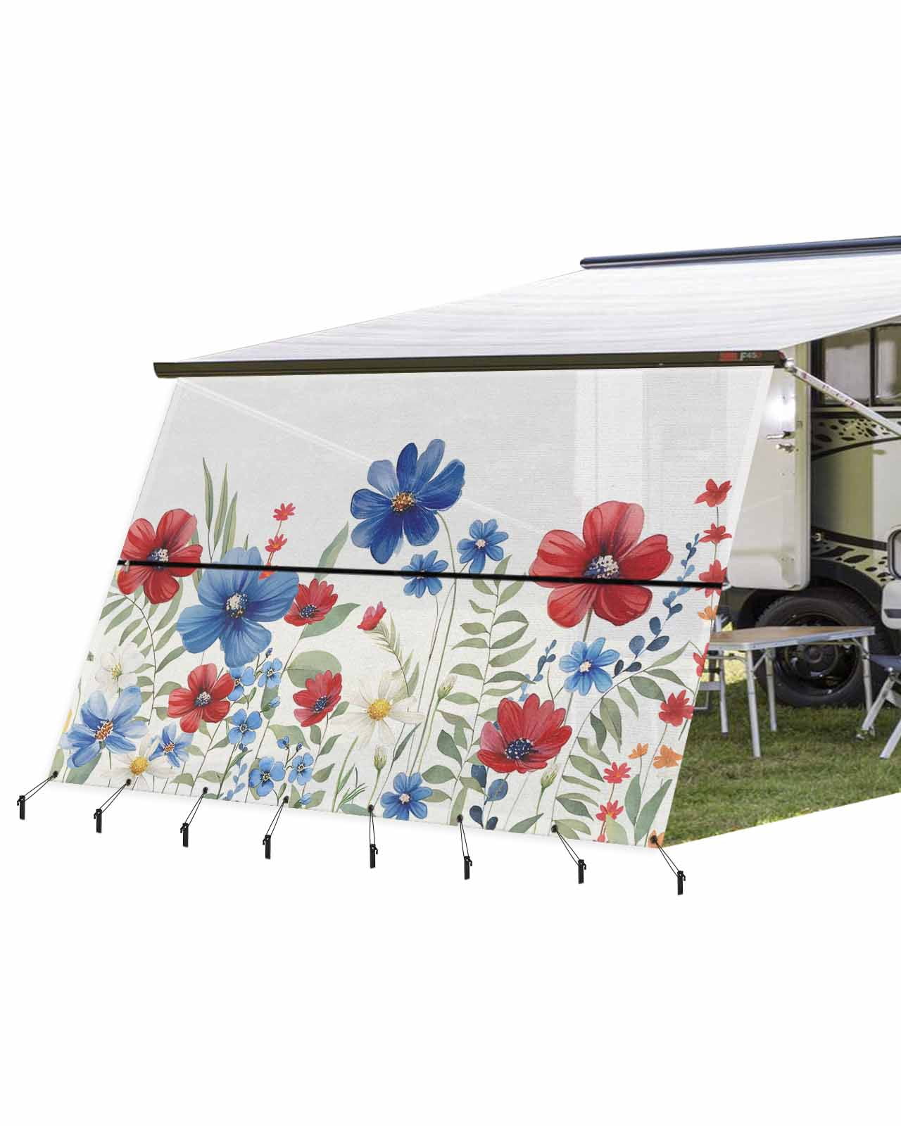 4th of July RV Awning Sun Shade Screen 9'X15.3' Red Blue Flowers Mesh ...