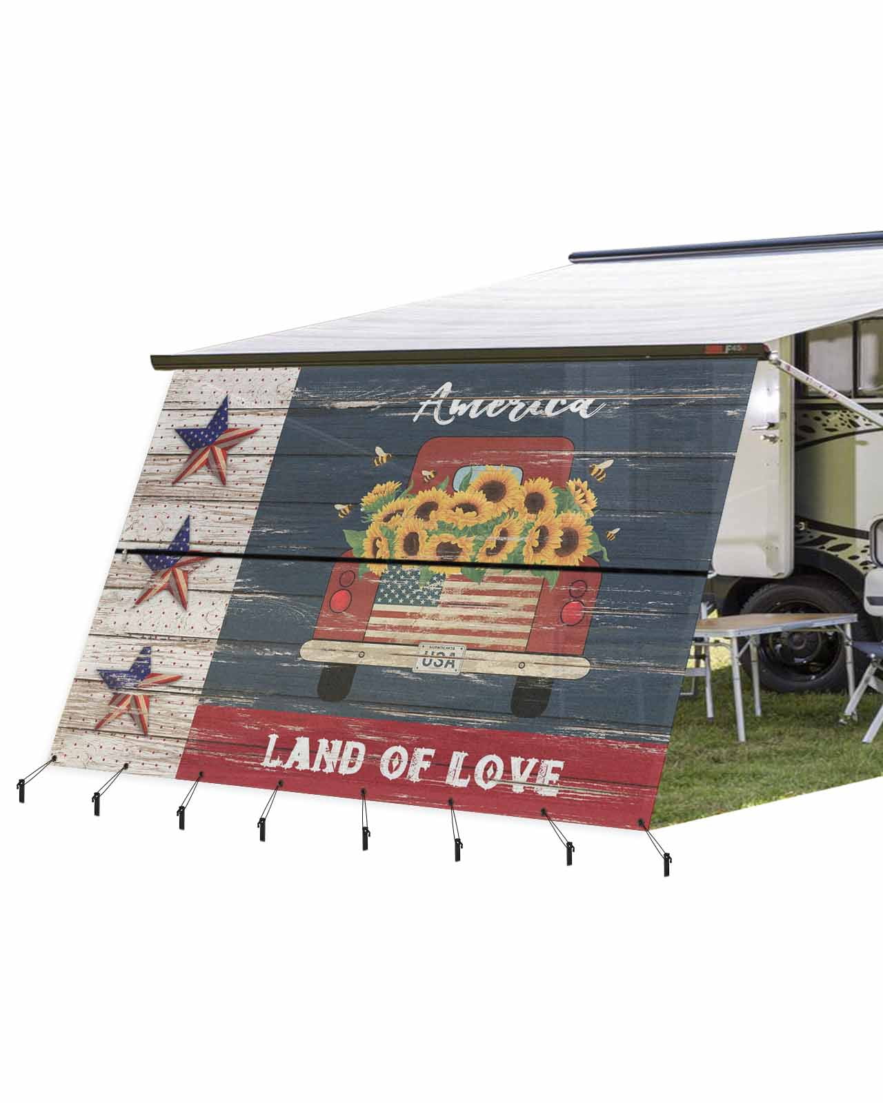 4th of July RV Awning Sun Shade Screen 9'X15.3' Sunflower Red Truck ...