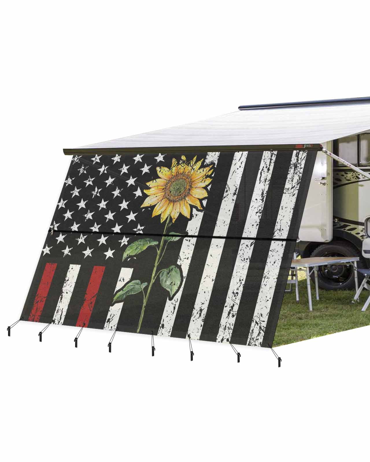 4th of July RV Awning Sun Shade Screen 9'X15.3' Sunflower USA Flag Mesh ...