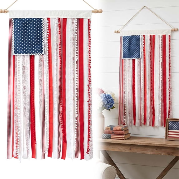 4th of July Rag American Flag Banner, 4 x 2.3 Ft Vintage Patriotic USA ...