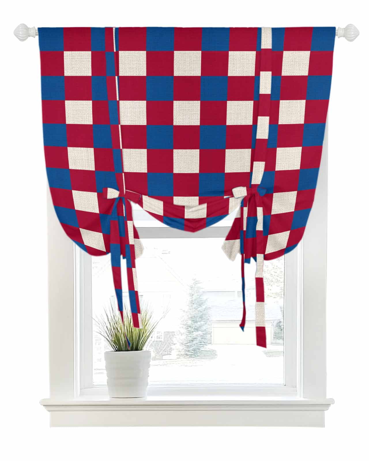 4th of July Red Blue Plaid Tie Up Curtains for Window, Thermal ...