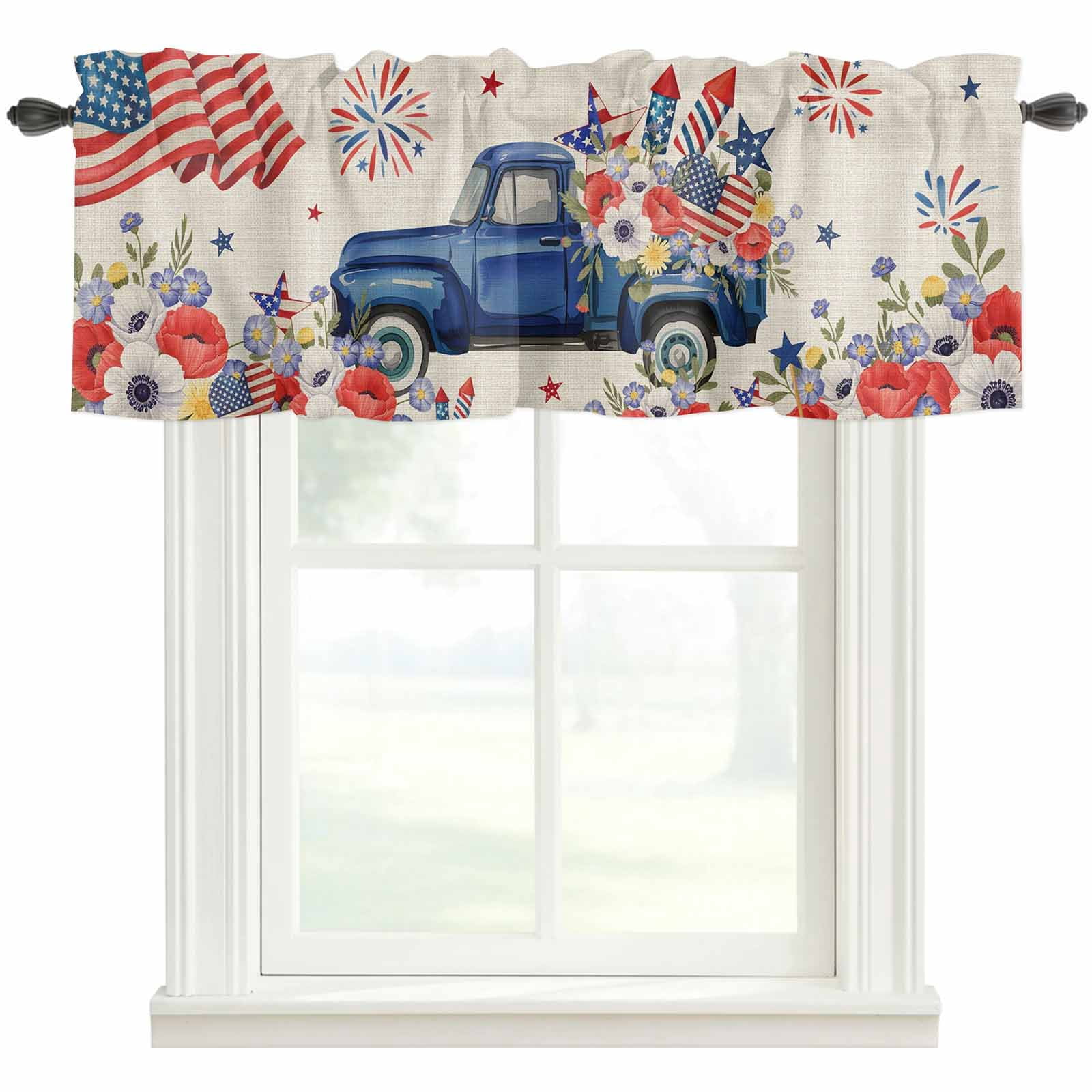 4th of July Rod Pocket Curtain Valance, Blue Truck American Flag ...