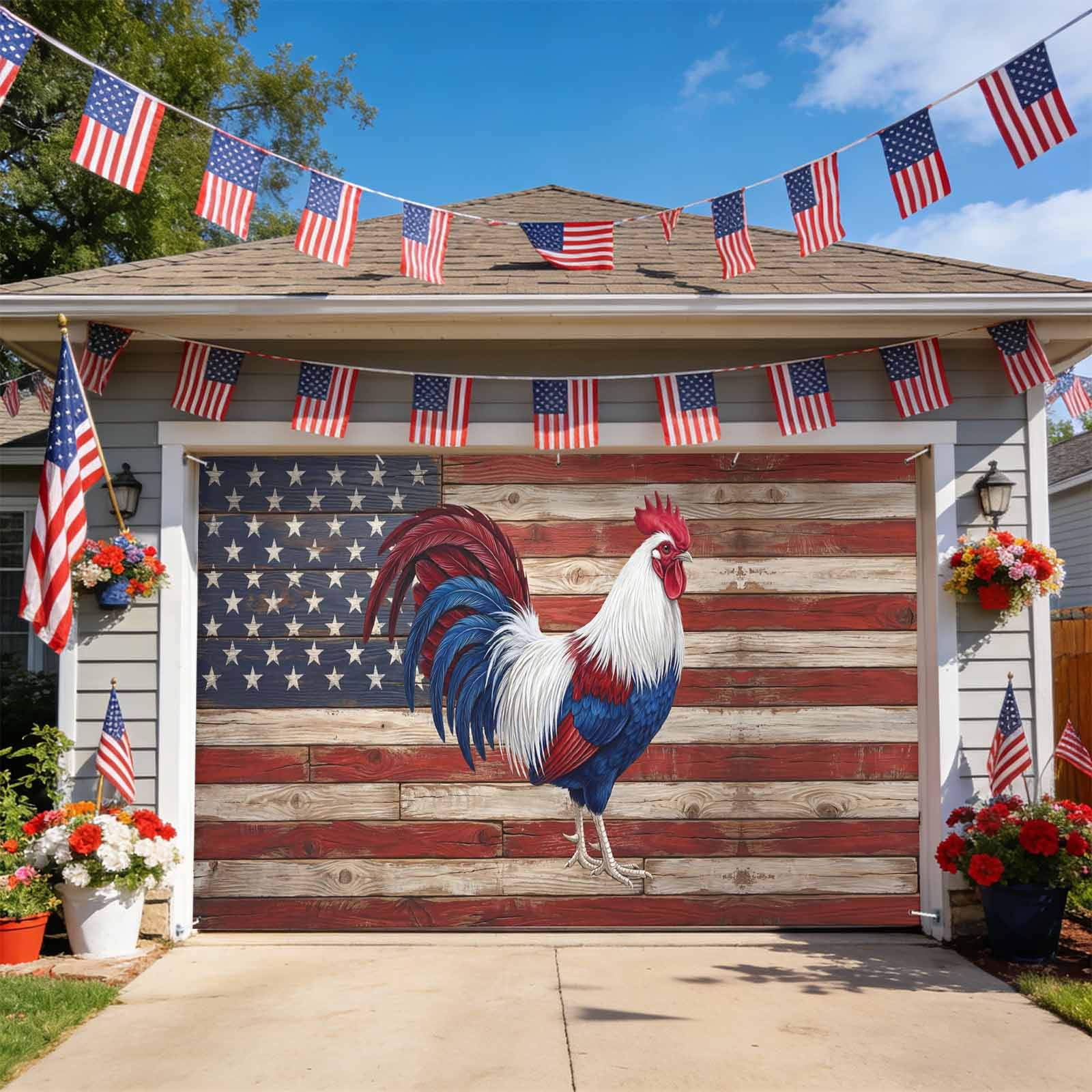 4th of July Rooster Garage Door Cover,American Flag Farmhouse Wooden ...