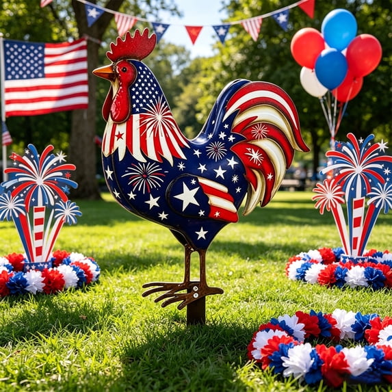 4th of July Rooster Garden Stake, Bright Red White Blue Accent, Eye ...
