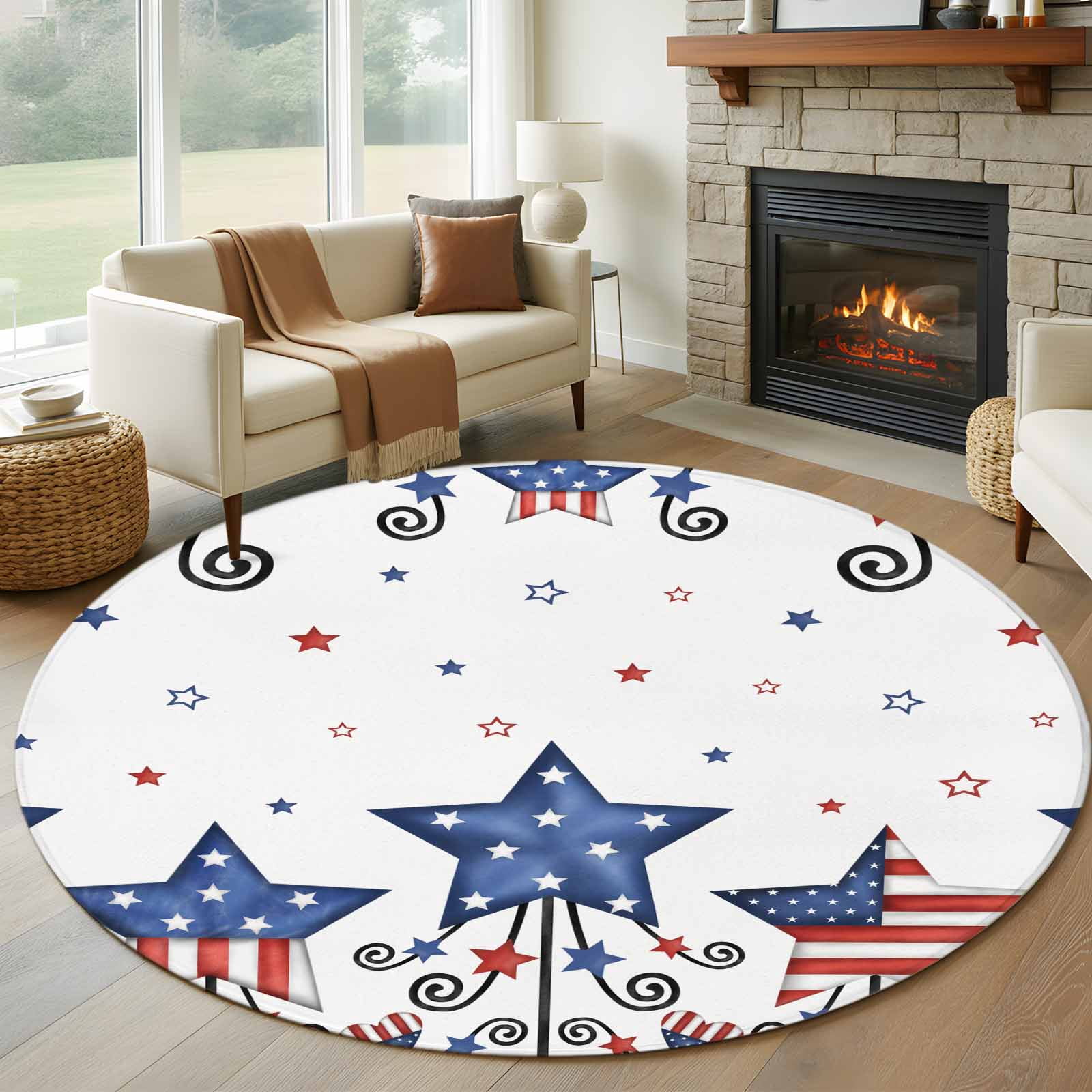 4th of July Round Area Rug 5 FT, Non Slip Bedroom Rugs, Blue Red Star ...