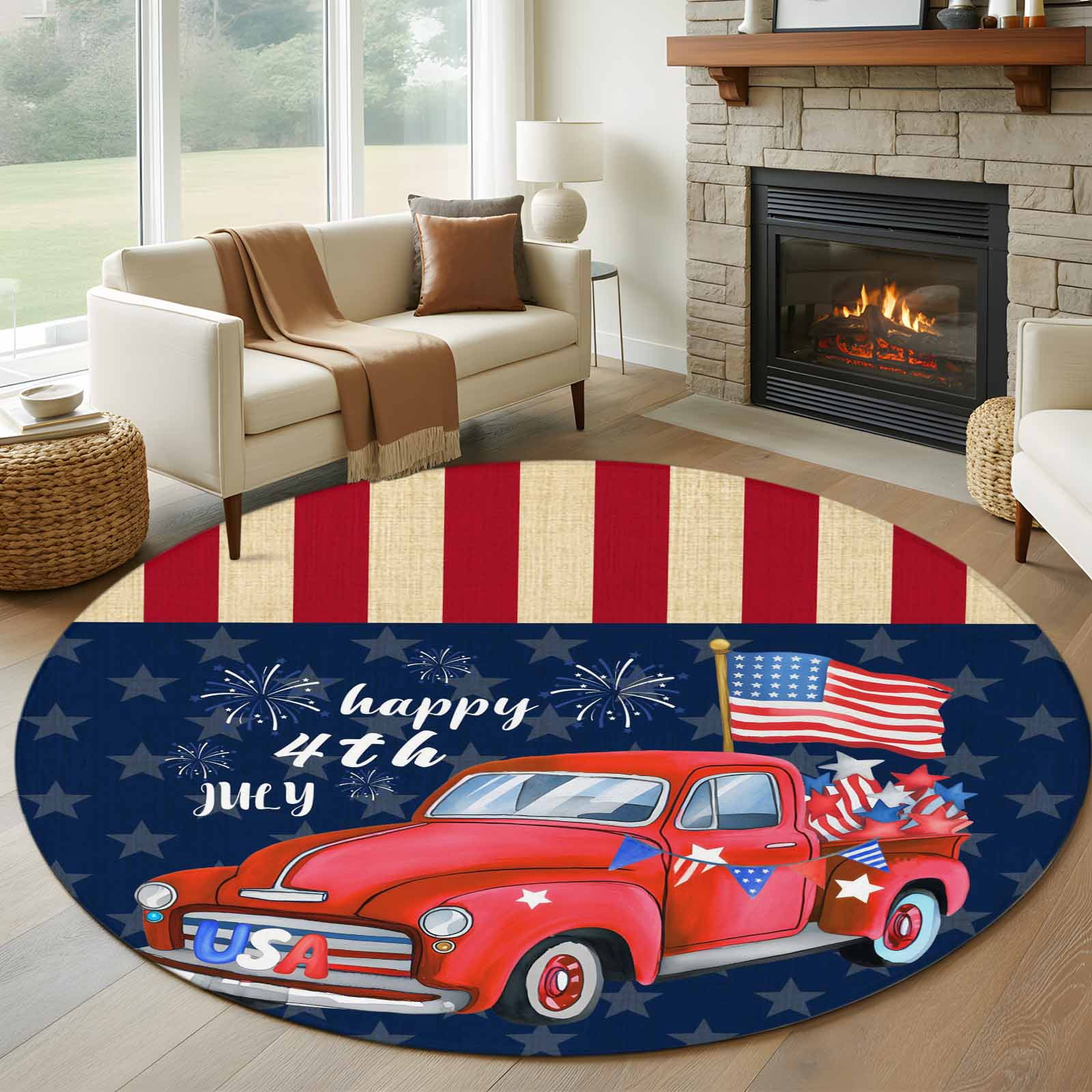 4th of July Round Area Rug 6Ft Washable Circle Rugs for Bathroom Office ...