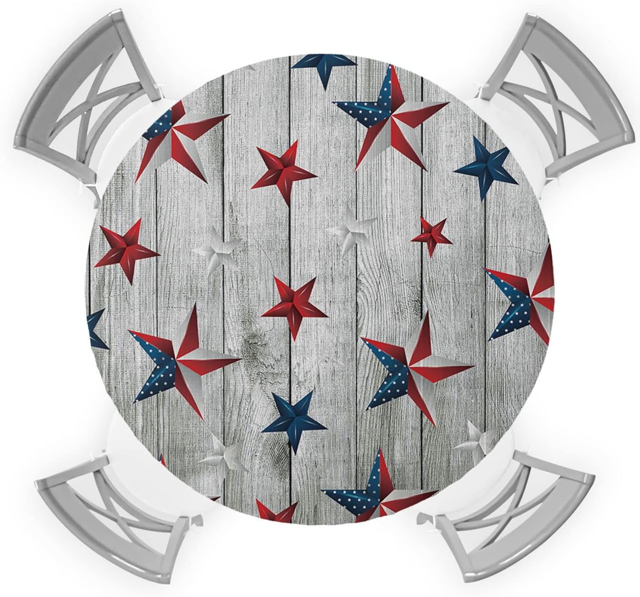 4th of July Round Fitted Tablecloth Elastic EDG Patriotic Stars Wooden ...