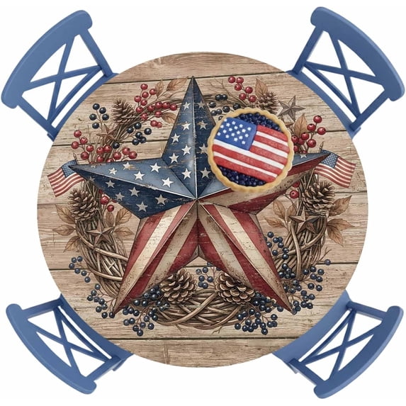 4th of July Round Fitted Tablecloth with Elastic Edg American Star Flag ...