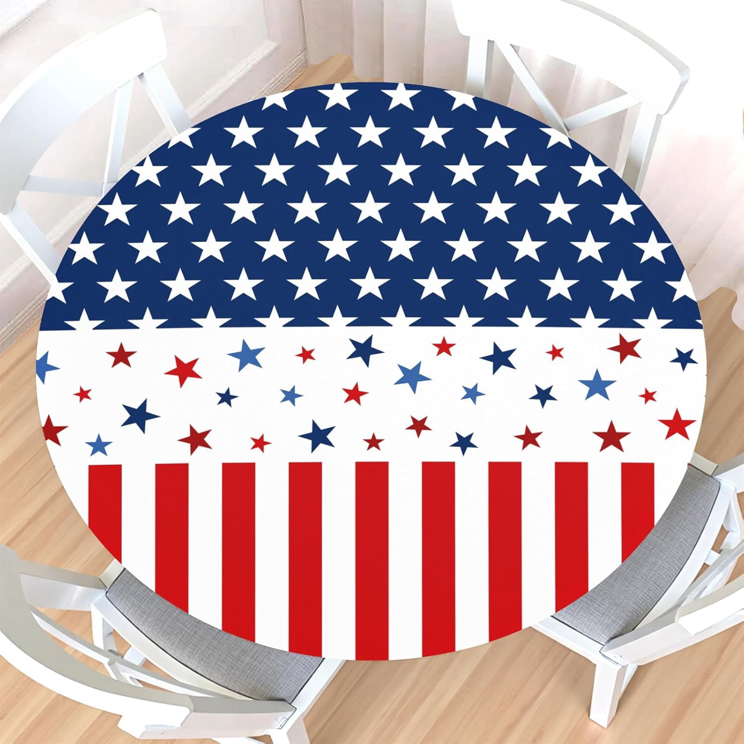 4th of July Round Fitted Tablecloth with Elastic Edge,Waterproof Star ...