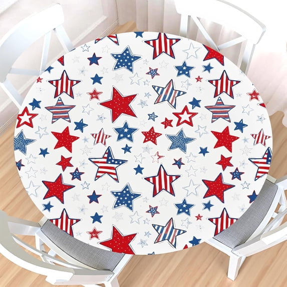 4th of July Round Fitted Tablecloth with Elastic Edge,Waterproof White ...