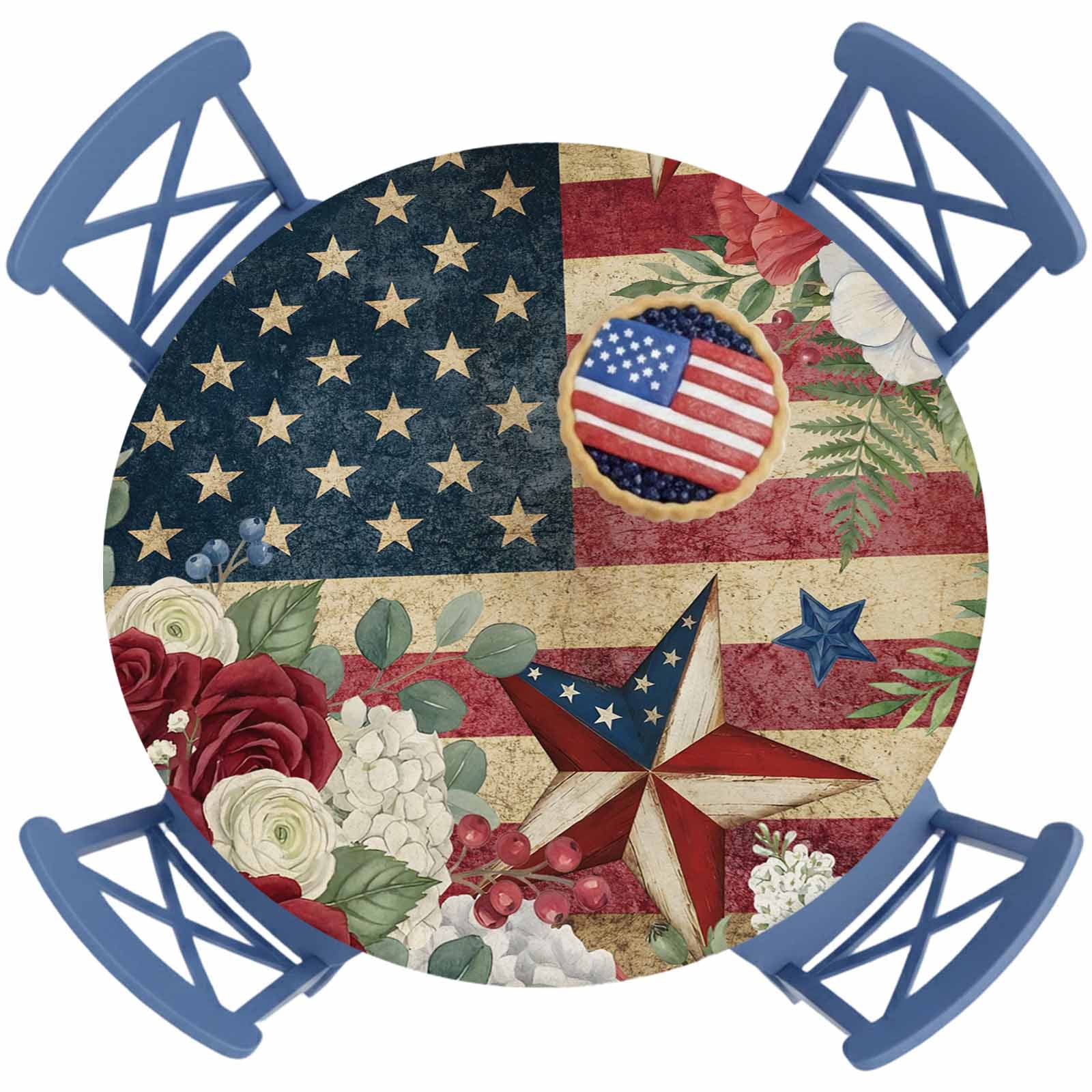 4th of July Round Fitted Tablecloth with Elastic Patriotic American ...