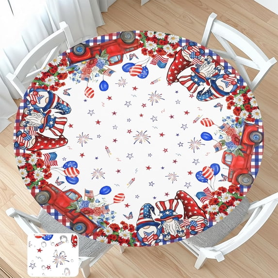 4th of July Round Fitted Tablecloth with Elastic Patriotic Independence ...