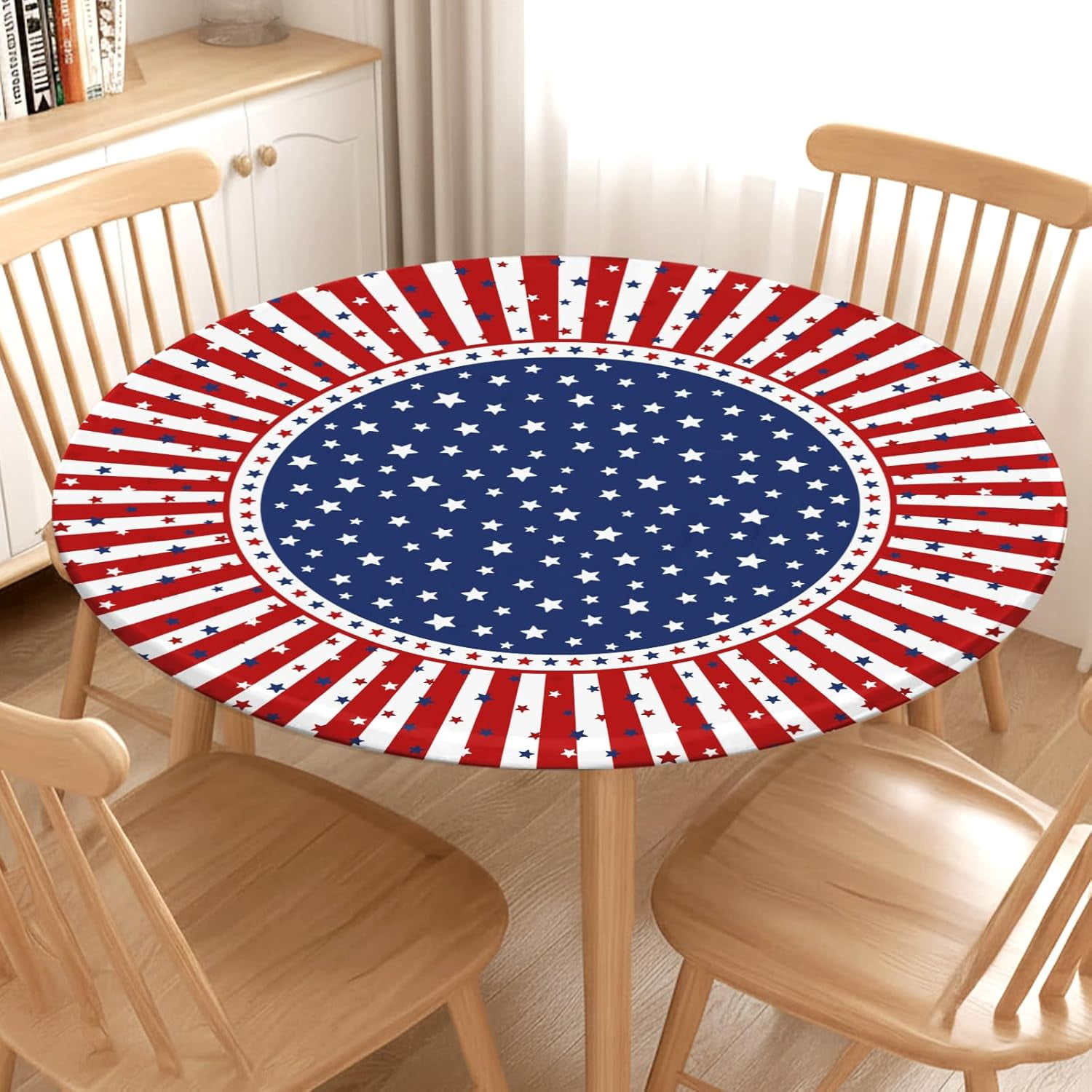 4th of July Round Fitted Tablecloth with Elastic Patriotic Independence ...