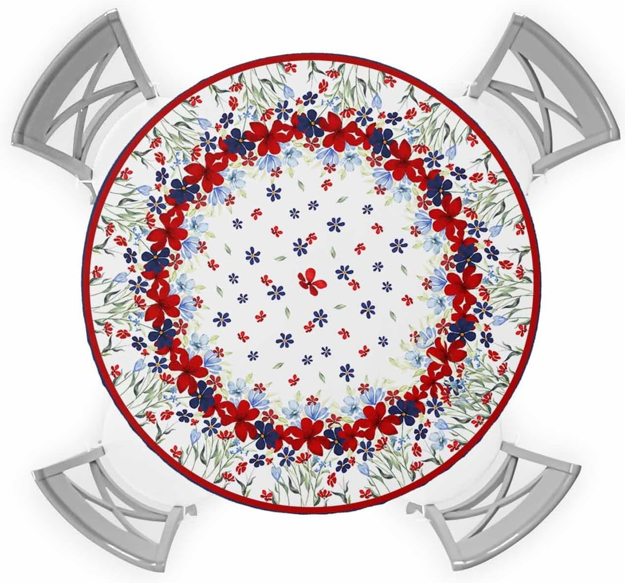 4th of July Round Fitted Tablecloth with Elastic Patriotic Poppy Floral ...