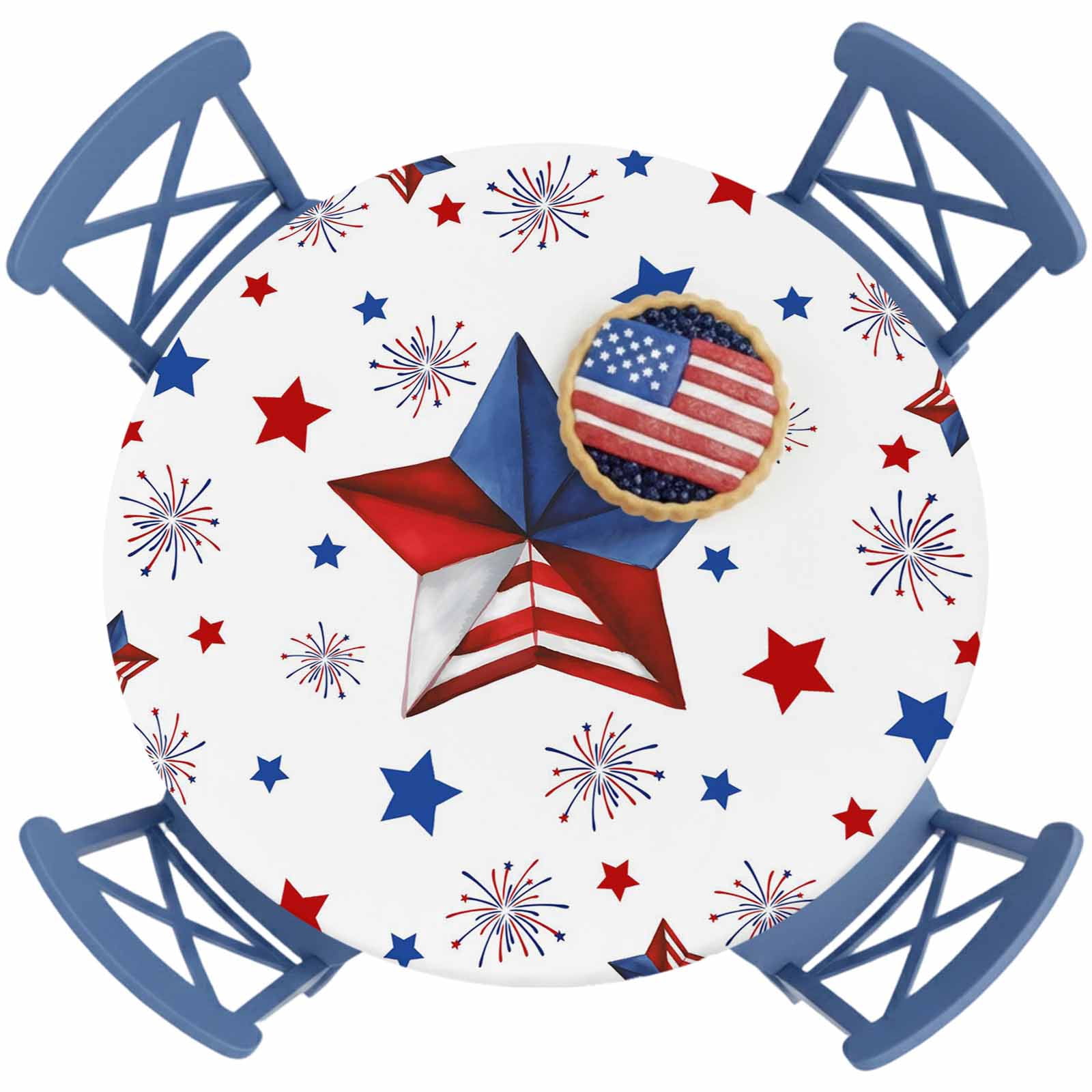 4th of July Round Fitted Tablecloth with Elastic Patriotic Stars ...
