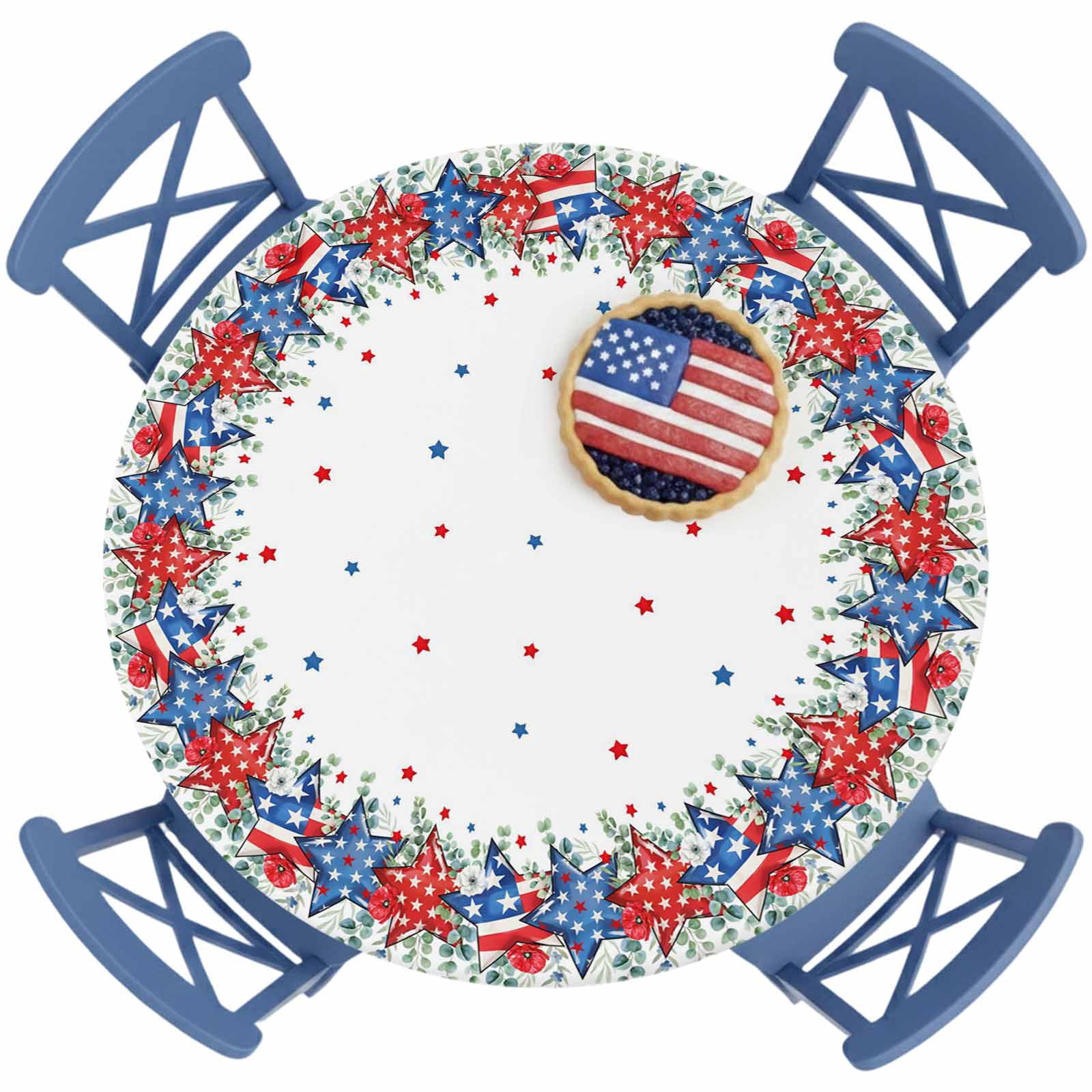 4th of July Round Fitted Tablecloth with Elastic Patriotic Stars USA ...