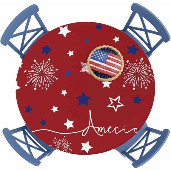 4th of July Round Fitted Tablecloth with Elastic Red Blue Stars ...