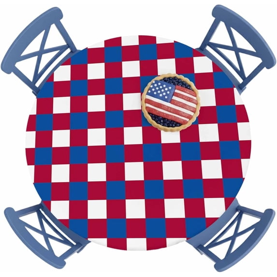 4th of July Round Fitted Tablecloth with Elastic Red Blue White Buffalo ...