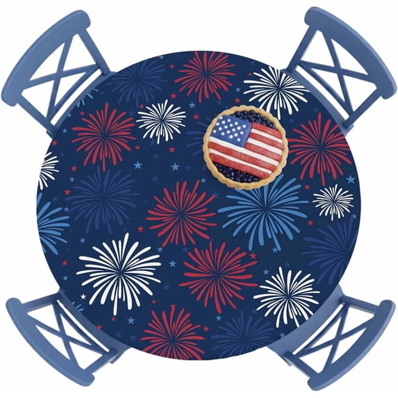4th of July Round Fitted Tablecloth with Elastic Red White and Blue ...