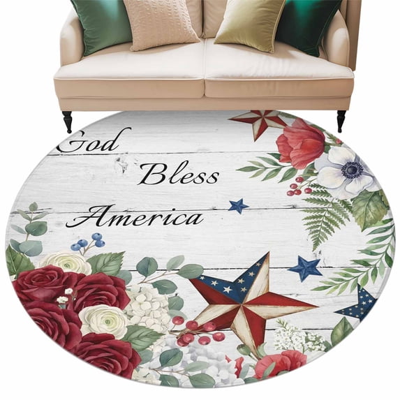 4th of July Round Living Room Rugs 8 ft, God Bless America Stars Red ...