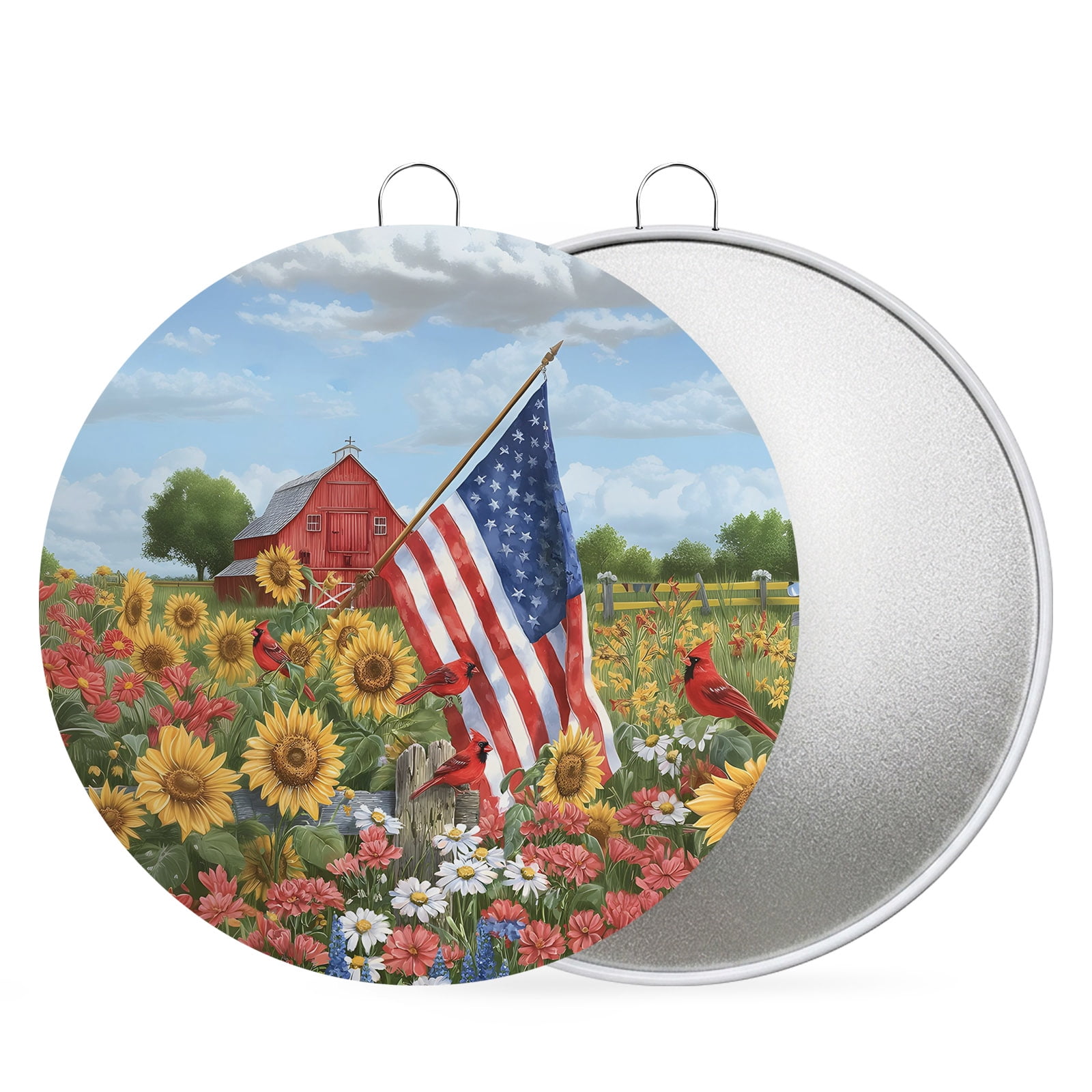 4th of July Round Metal Signs for Outside American Flag Sunflower Tin ...