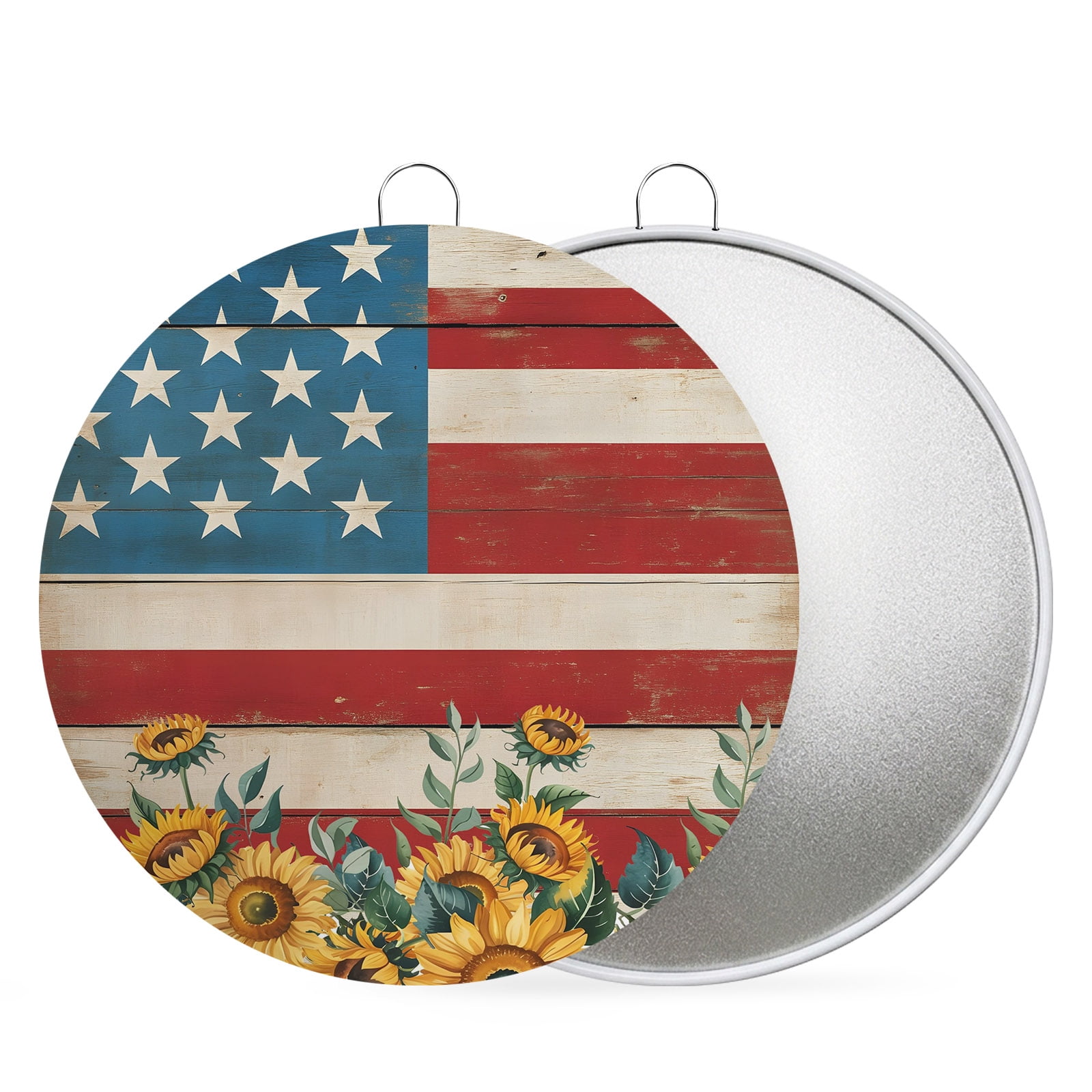 4th of July Round Metal Signs for Outside American Flag Sunflowers Tin ...