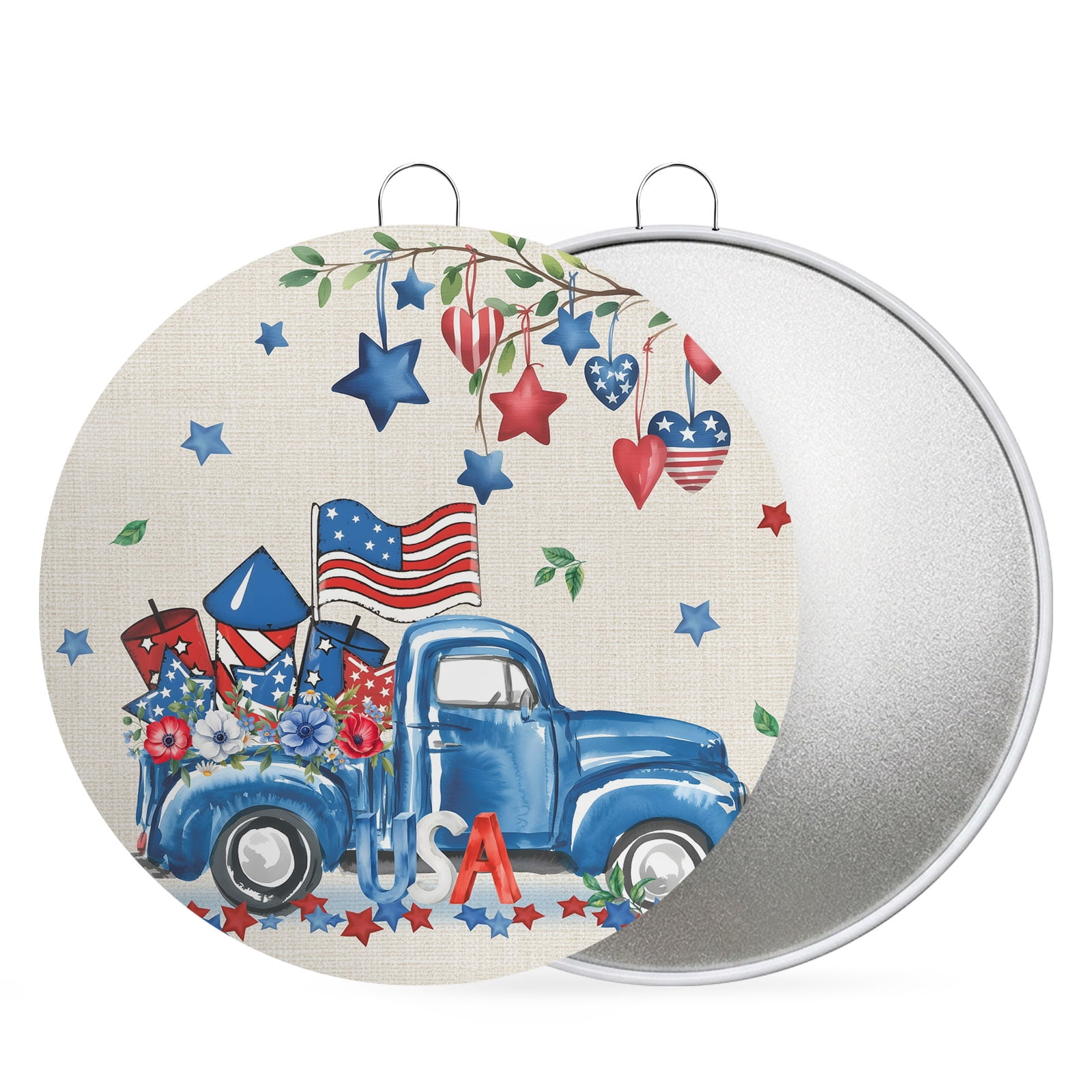 4th of July Round Metal Signs for Outside Blue Truck American Flag Tin ...