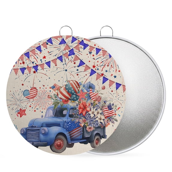 4th of July Round Metal Signs for Outside Blue Truck Poppy Flower Tin ...