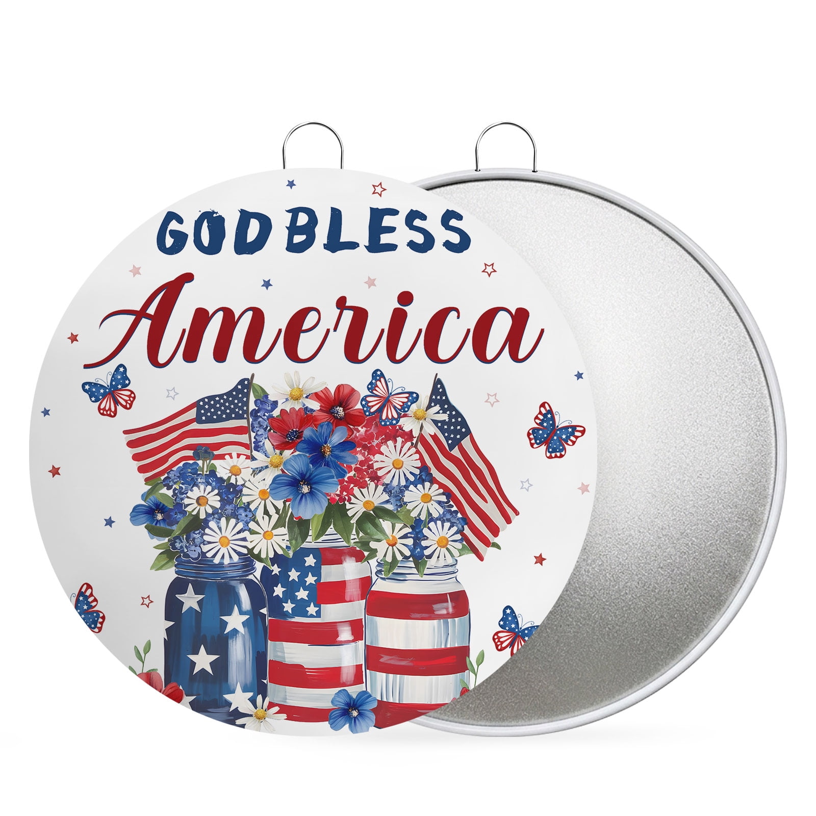 4th of July Round Metal Signs for Outside Red Blue Floral Vase Tin ...