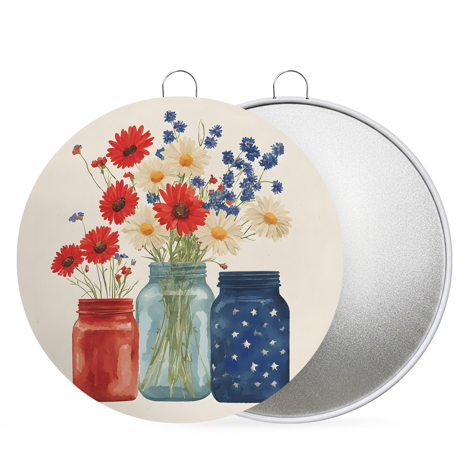 4th of July Round Metal Signs for Outside Red Blue Flower Vase Tin ...