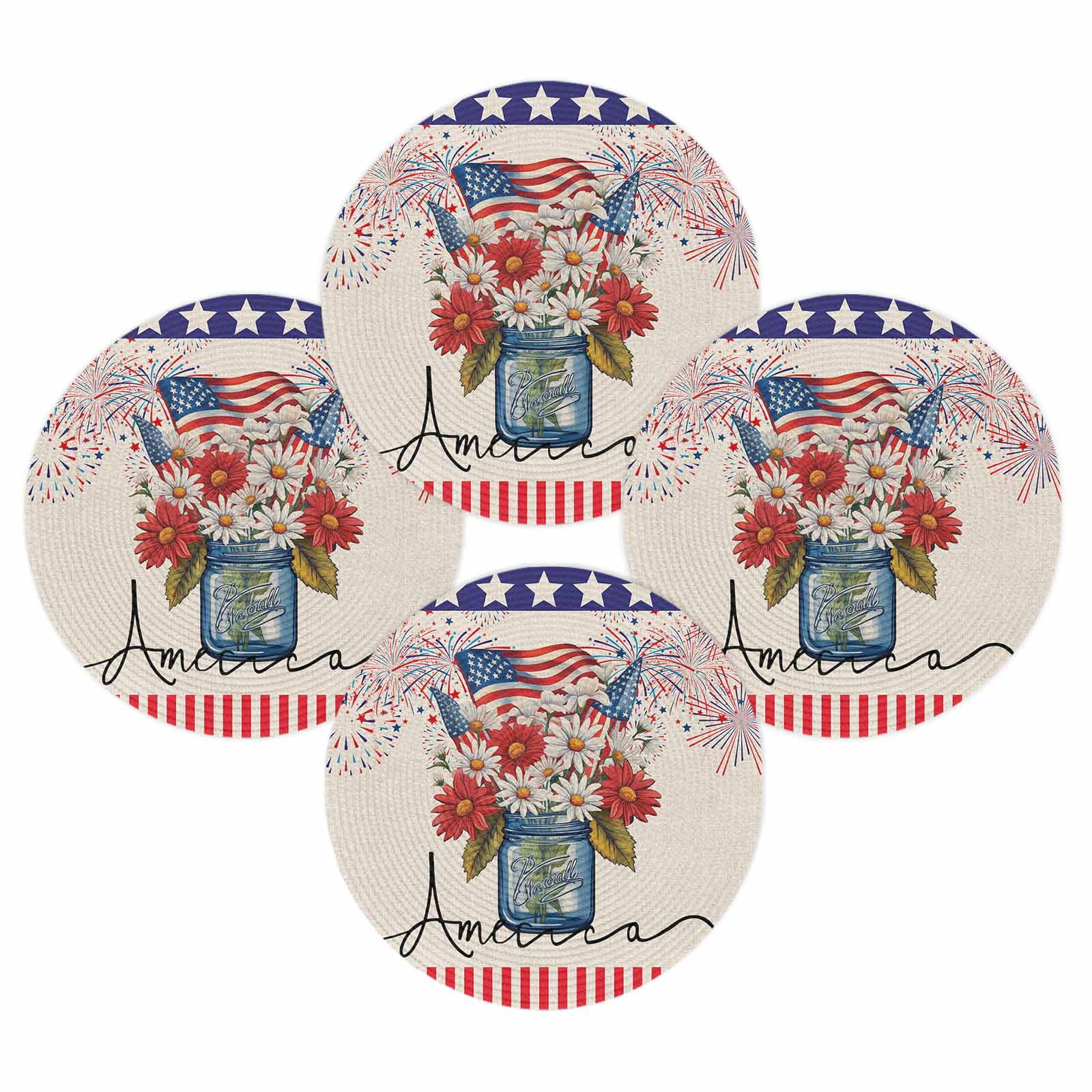 4th of July Round Placemats Set of 4 American Flag Patriotic Place Mats ...