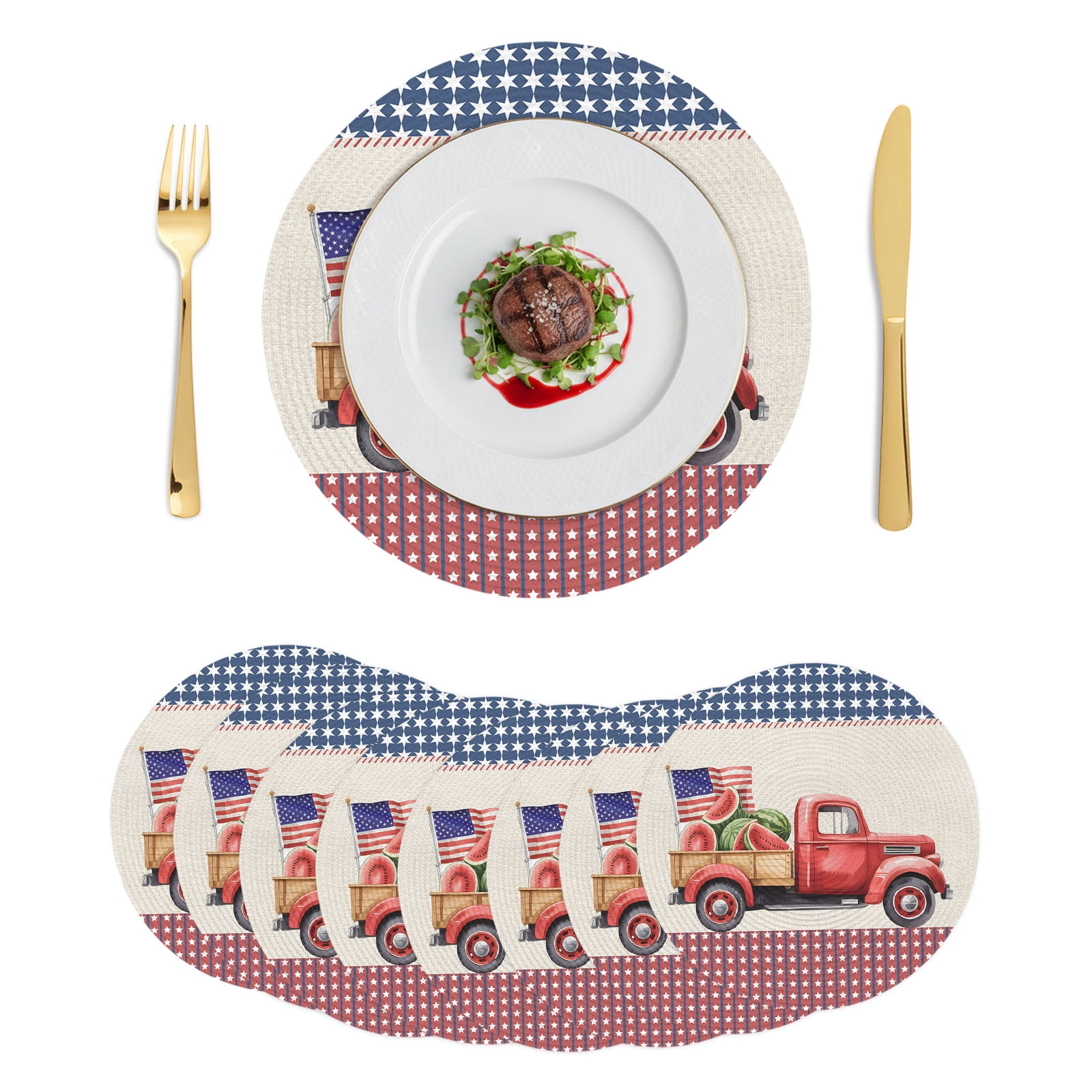4th of July Round Placemats Set of 8 Red Truck Watermelon Patriotic ...