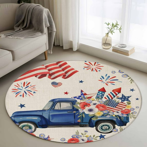 4th of July Round Rug 3.3ft Washable Circle Entryway Rugs Non Slip Blue ...