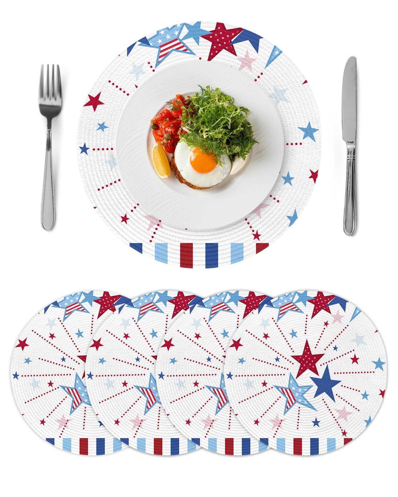 4th of July Round Table Placemats set of 4, Blue Red White Washable ...