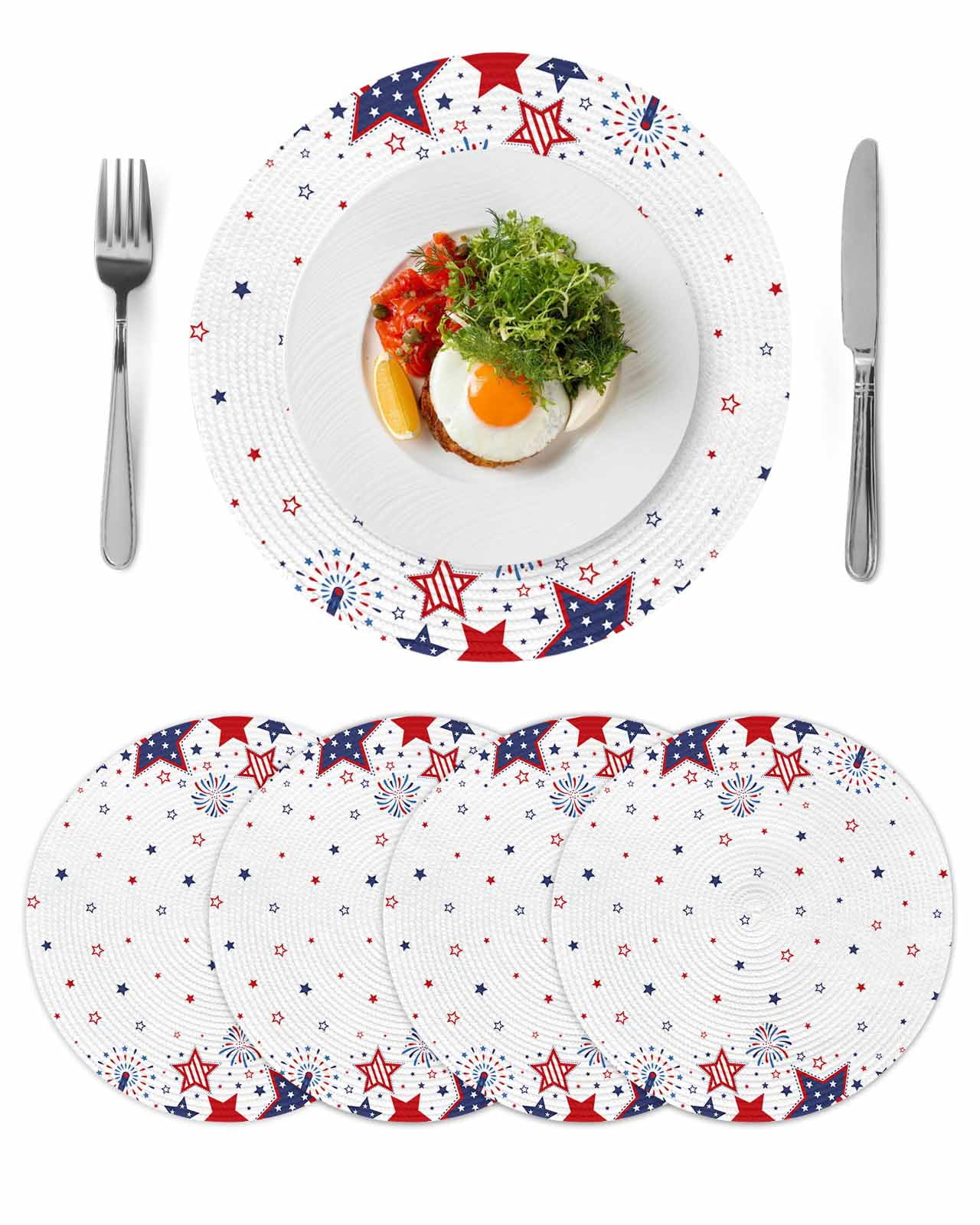4th of July Round Table Placemats set of 4, Patriotic Red Blue Stars ...