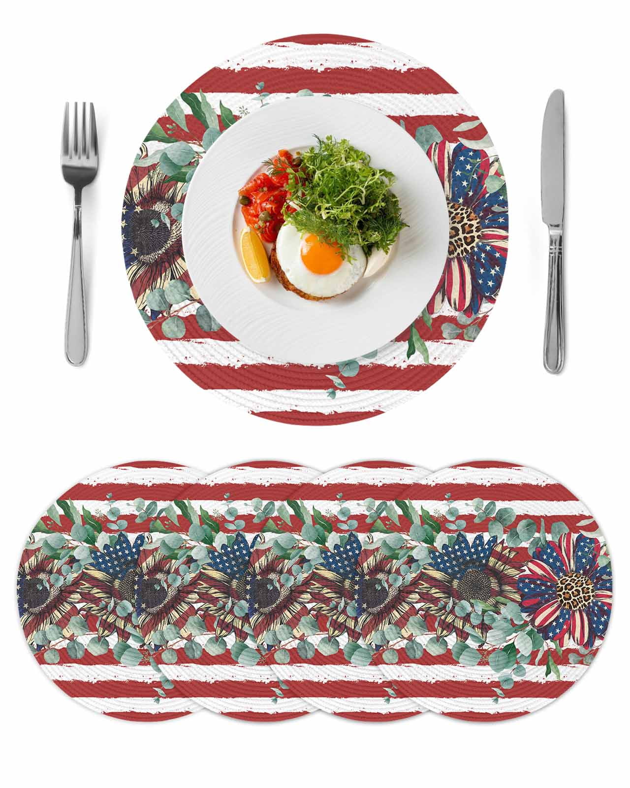 4th of July Round Table Placemats set of 4, Patriotic Sunflower Floral ...